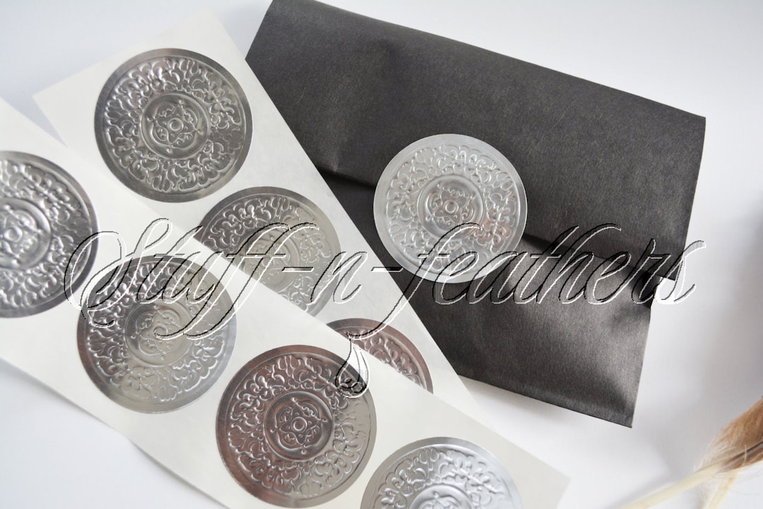 Envelope Stickers SILVER Sticker Seals Embossed LARGE Round Foil ...