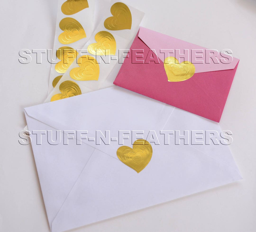 GOLD HEART Sticker Seals Embossed Metallic Foil Stickers for Envelopes ...