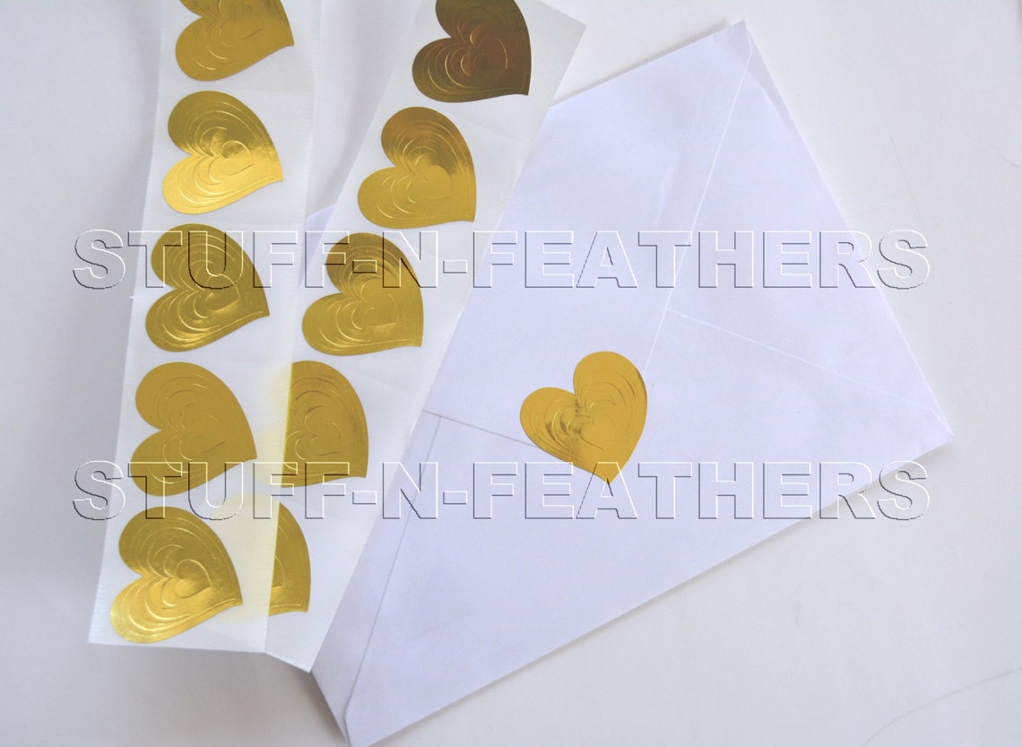 GOLD HEART Sticker Seals Embossed Metallic Foil Stickers for Envelopes ...
