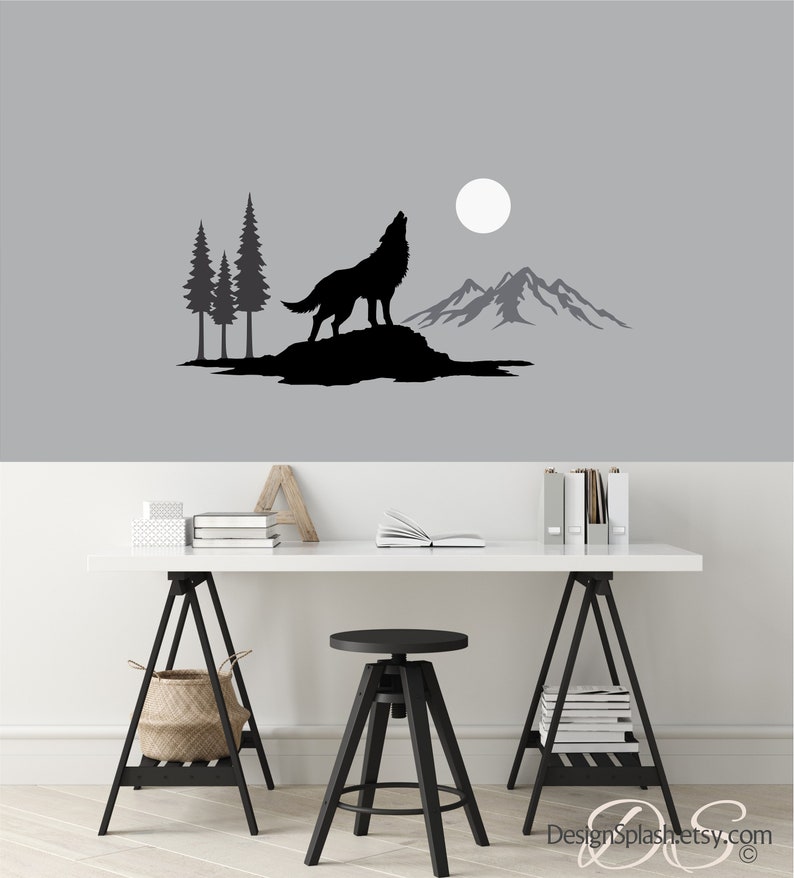 Wolf Wall Decal Wolf Howling at the Moon With Mountains & - Etsy
