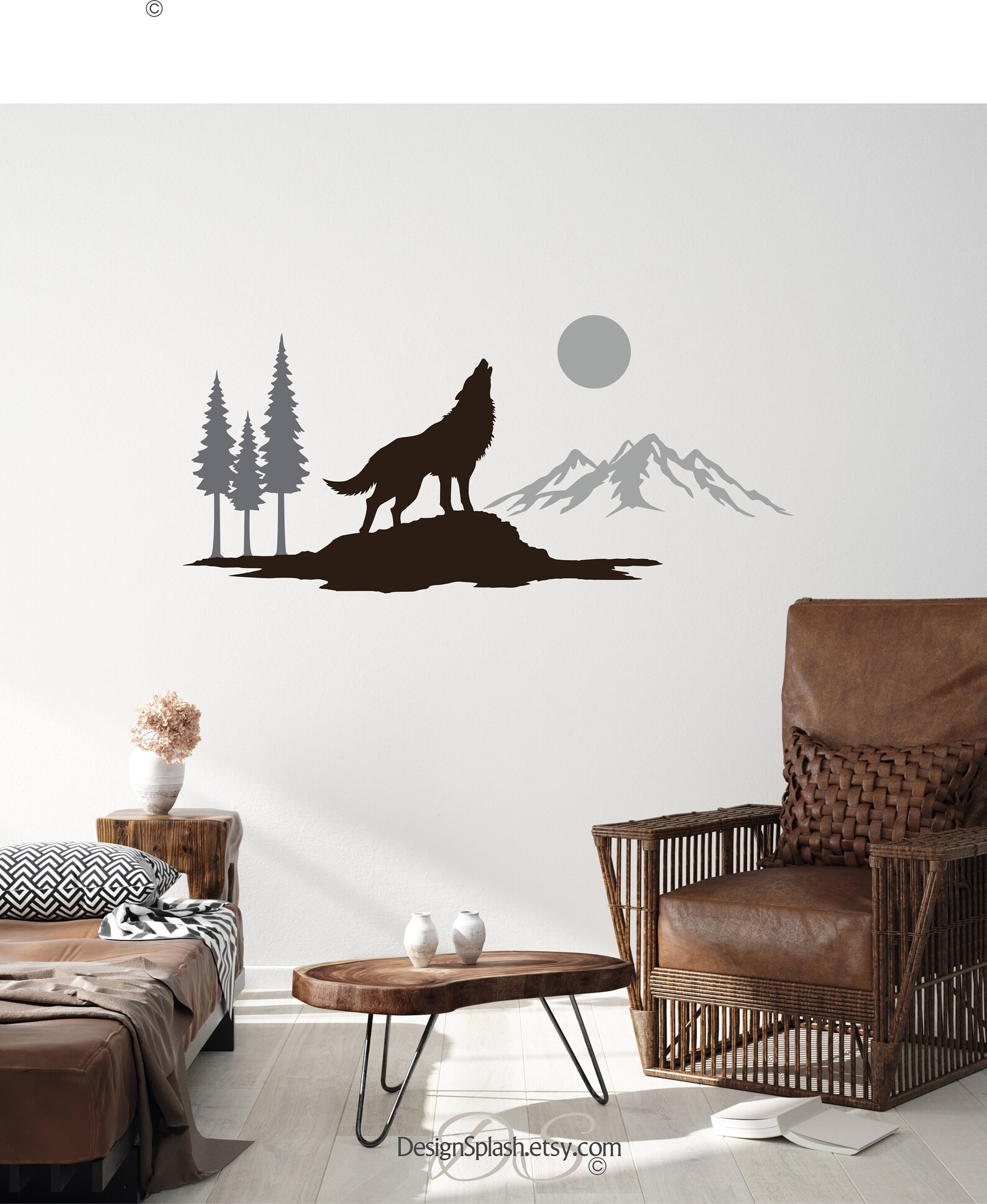 Wolf Wall Decal, Wolf Howling at the Moon With Mountains & Trees ...