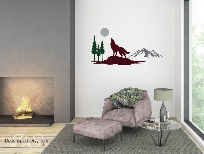 Wolf Wall Decal Wolf Howling at the Moon With Mountains & - Etsy