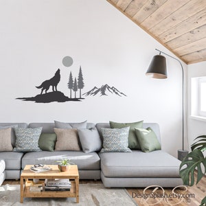 Wolf Wall Decal, Wolf Howling at the Moon With Mountains & Trees ...