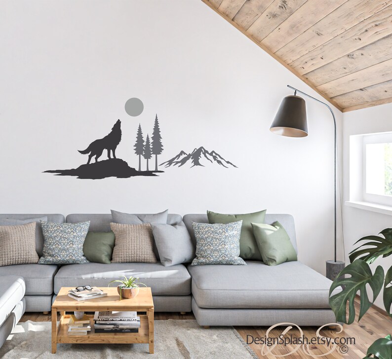 Wolf Wall Decal Wolf Howling at the Moon With Mountains & - Etsy