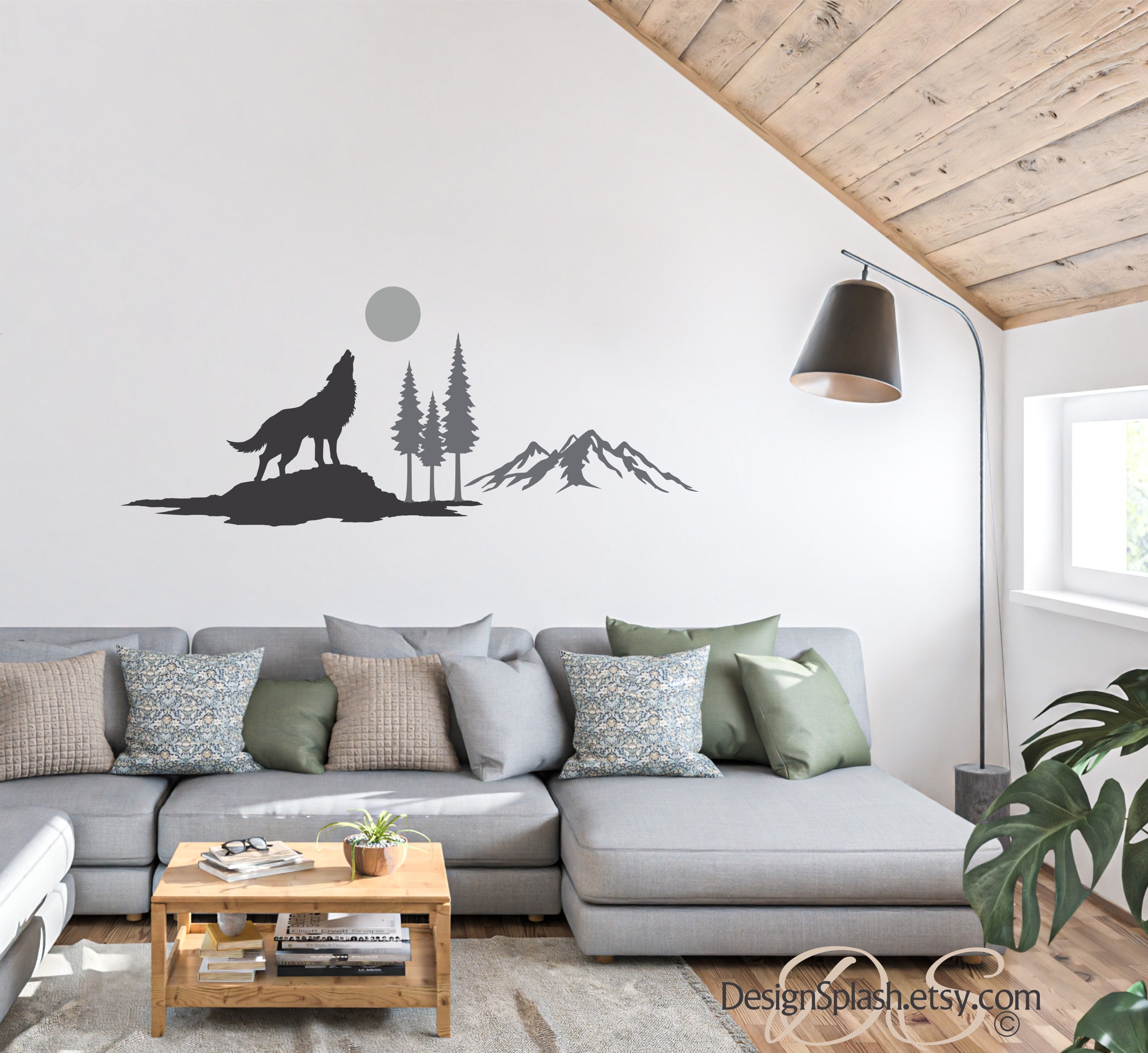 Wolf Wall Decal, Wolf Howling at the Moon With Mountains & Trees ...