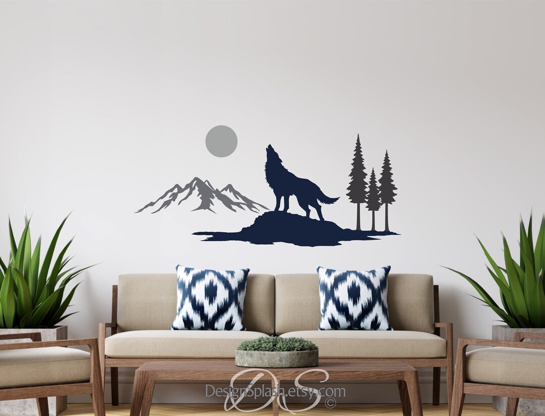Wolf Wall Decal, Wolf Howling at the Moon With Mountains & Trees ...