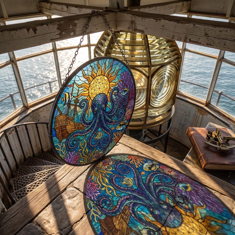 Octopus Shipwreck Glass Suncatcher, Nautical Ocean Mosaic Window Art ...