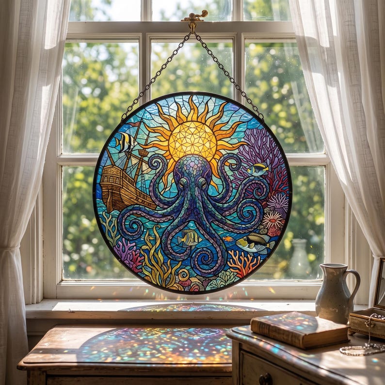 Octopus Shipwreck Glass Suncatcher, Nautical Ocean Mosaic Window Art ...