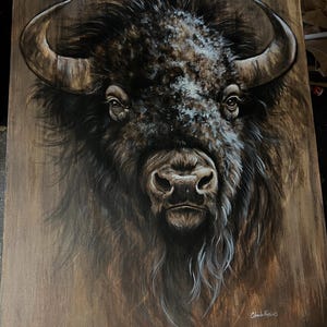 Original Bison Mixed Media Painting: Charcoal & Paint on Canvas ...