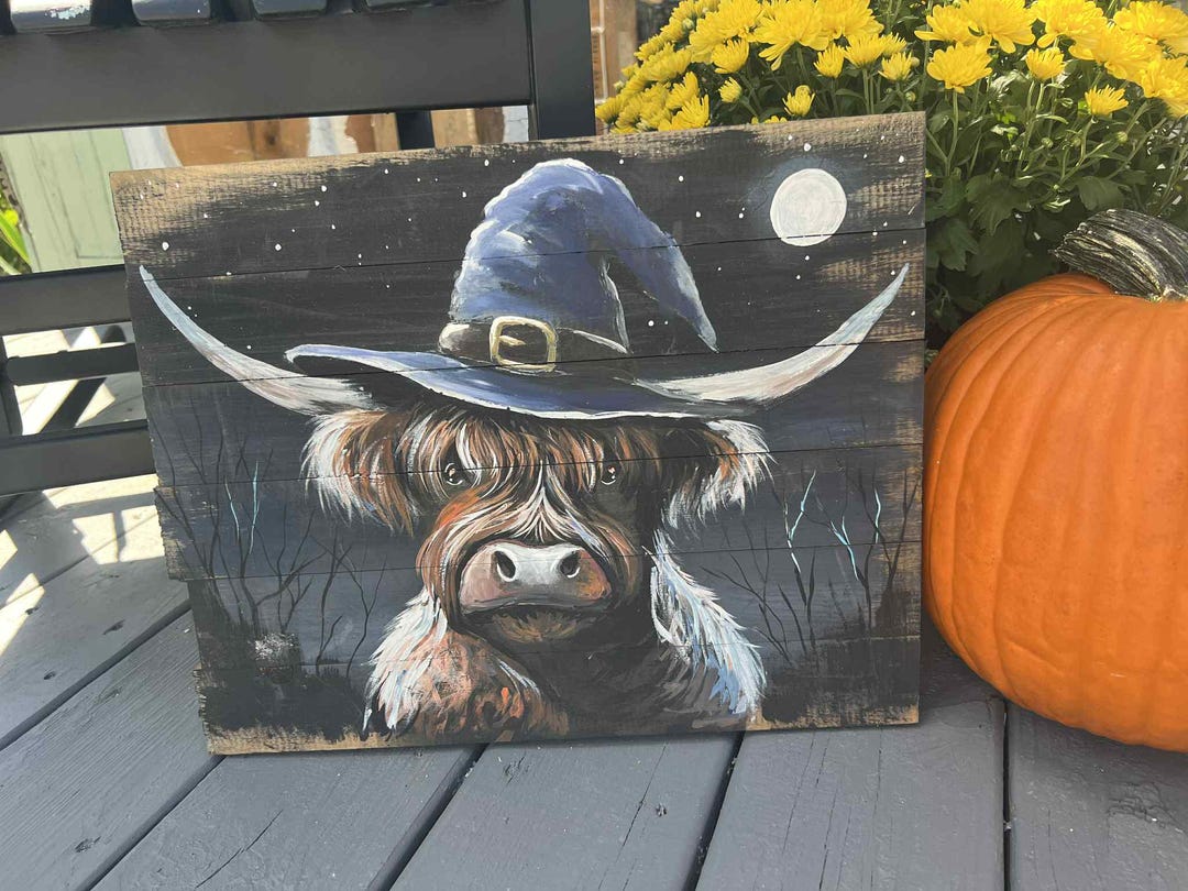 Hand Painted Highland Cow Witch Wood Sign: Rustic Farmhouse Wall Art - Etsy