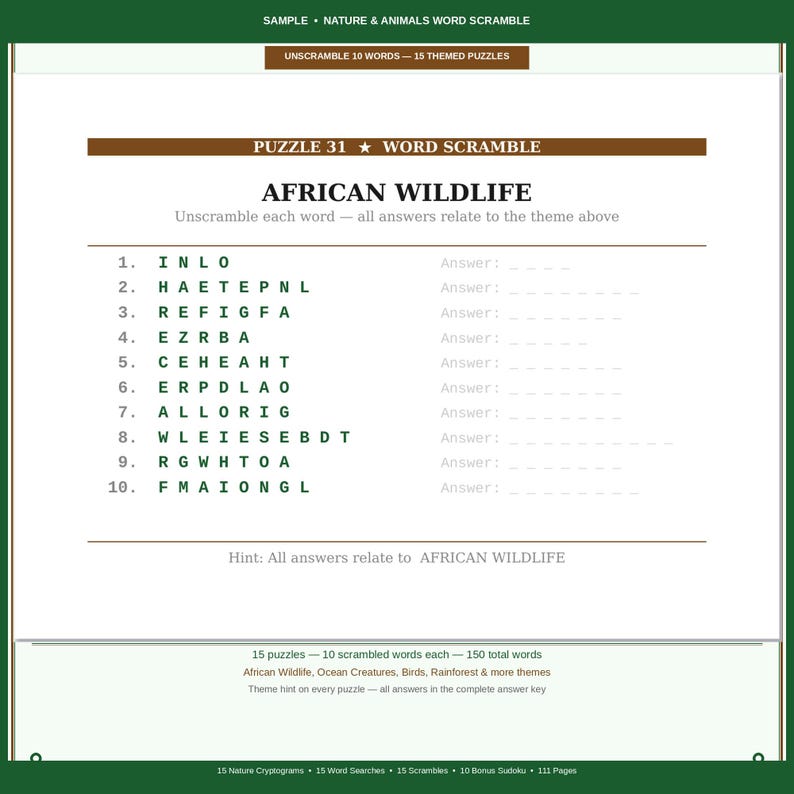 Nature & Animals Word Search Puzzle Book Printable | Cryptograms Word ...