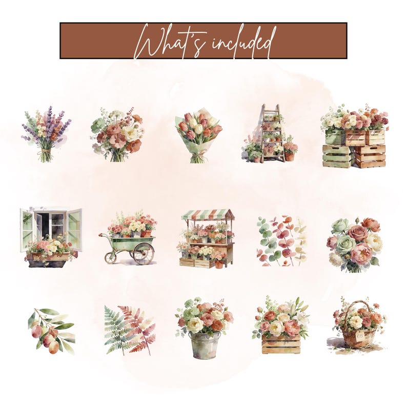Watercolor Farmers Market Clipart Collection, Rustic Flower Designs ...