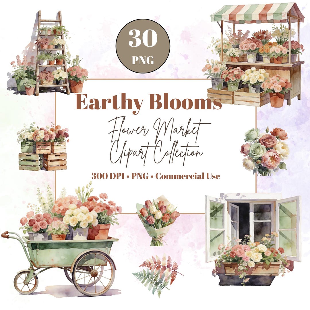 Watercolor Farmers Market Clipart Collection, Rustic Flower Designs ...