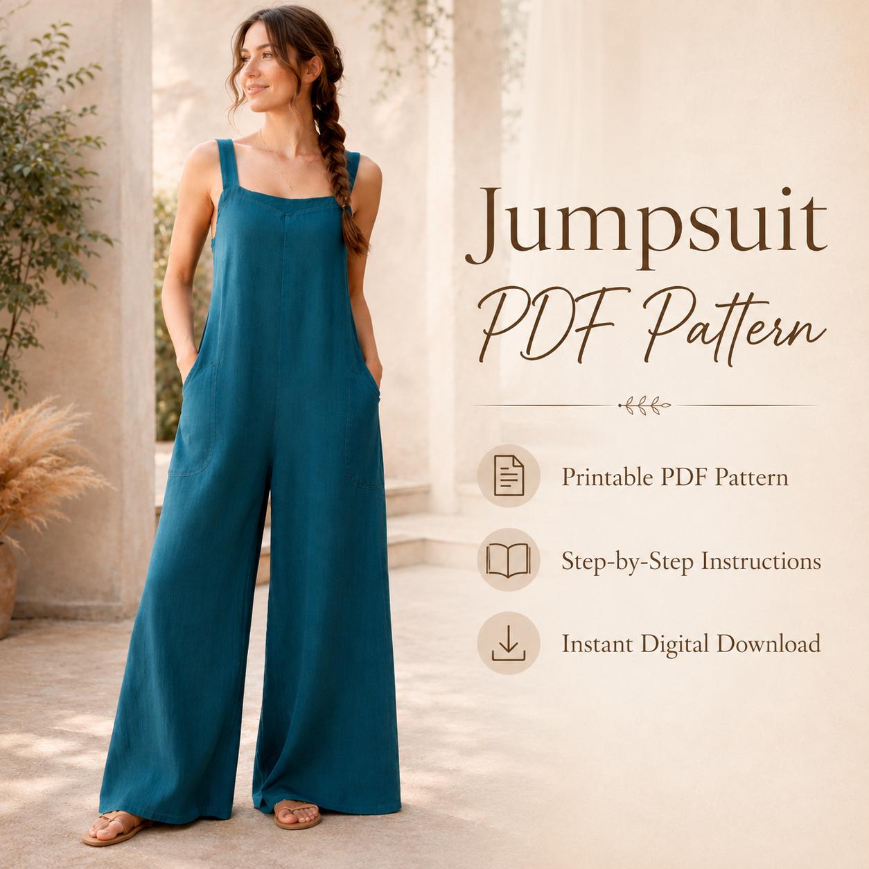 Linen Jumpsuit Sewing PDF Pattern, Wide Leg Jumpsuit Pattern, Printable ...