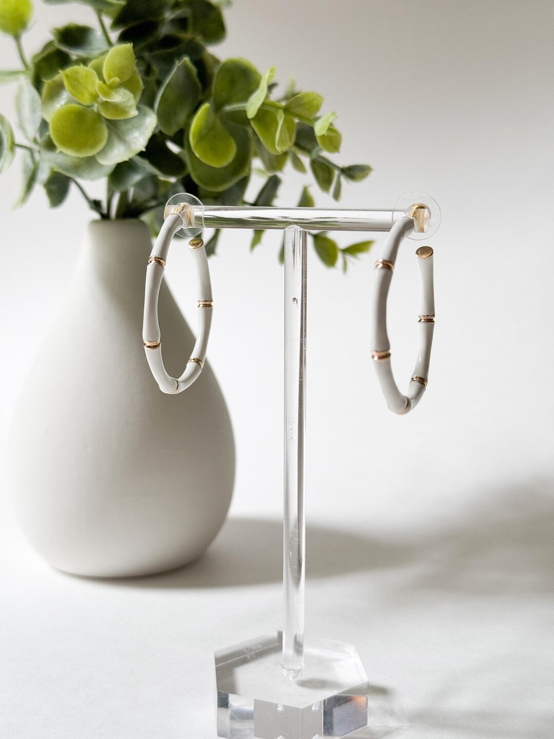 White and Gold Bamboo Enamel Hoop Post Earrings | Summer Hoops ...