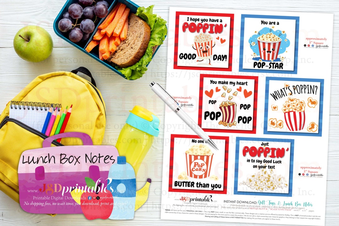Popcorn Lunch Notes Popcorn Day Lunch Affirmation Cards for Kids Lunch ...