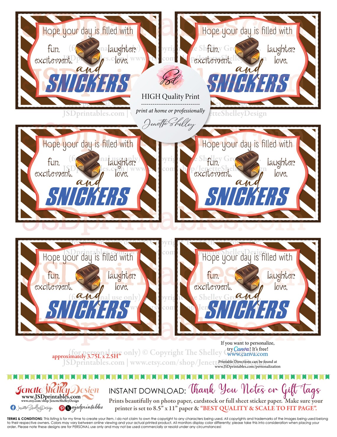Day Filled With Snickers Candy Gift Tag for Chocolate Bar Tags for ...