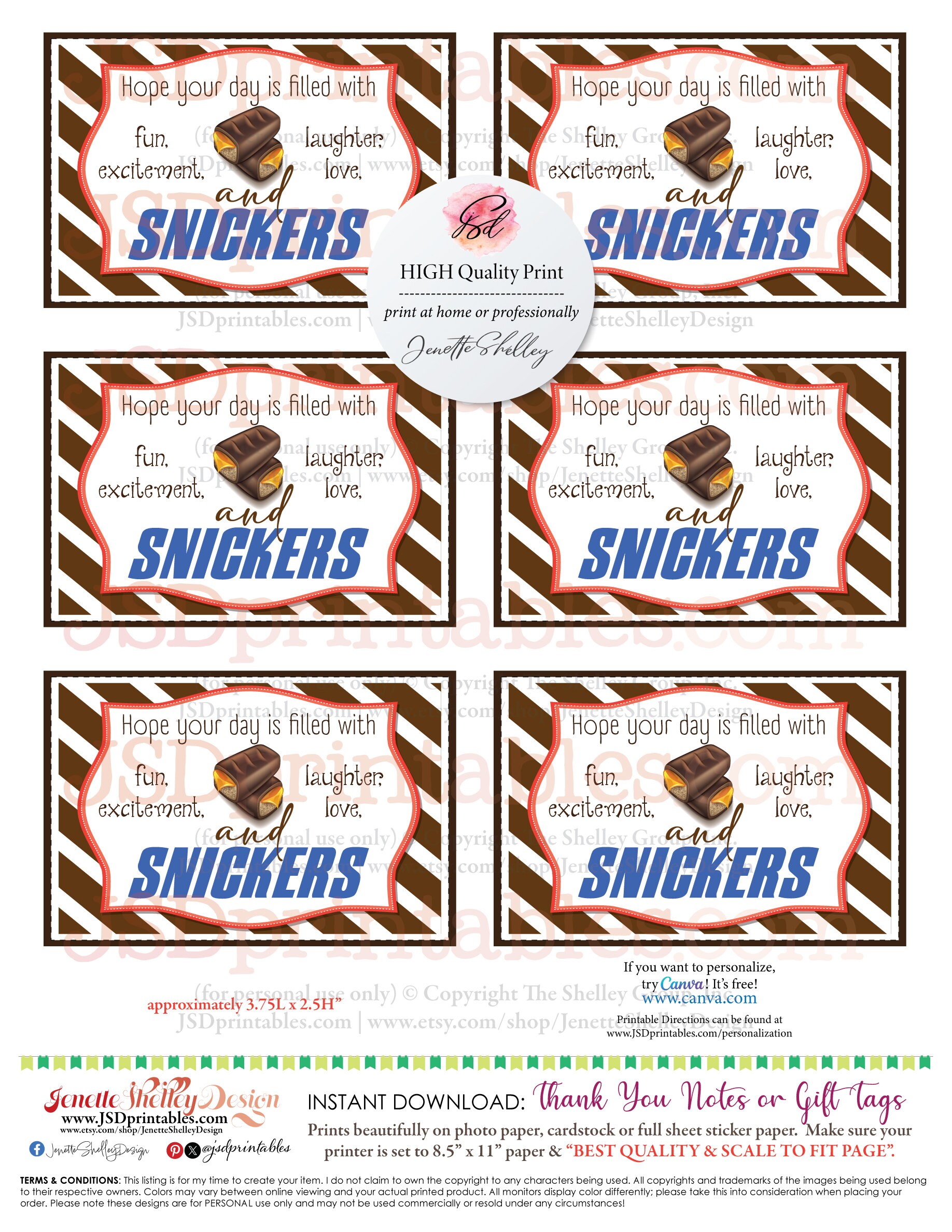 Day Filled With Snickers Candy Gift Tag for Chocolate Bar Tags for ...
