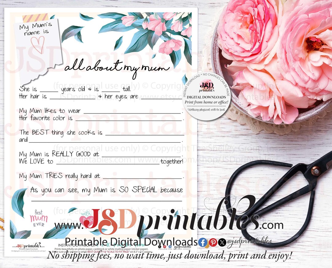 All About My Mum Printable Letter for Mum Print, Gift for Mum Kids ...