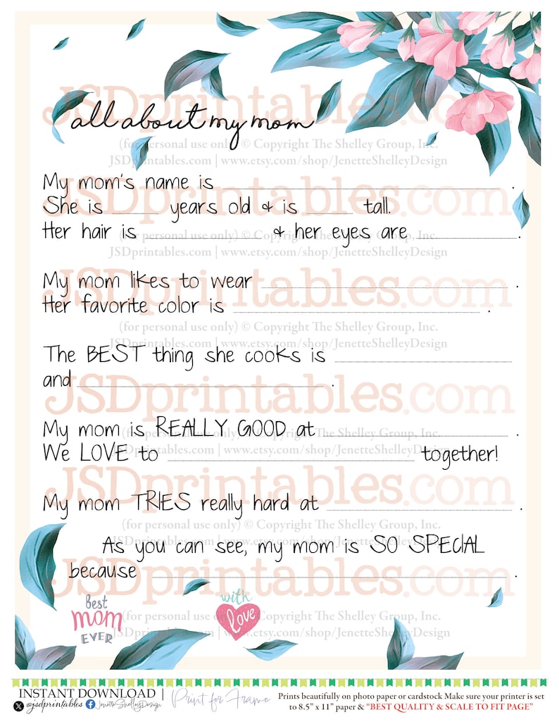 All About My Mom Printable Letter for Mom Print Gift for Mom - Etsy