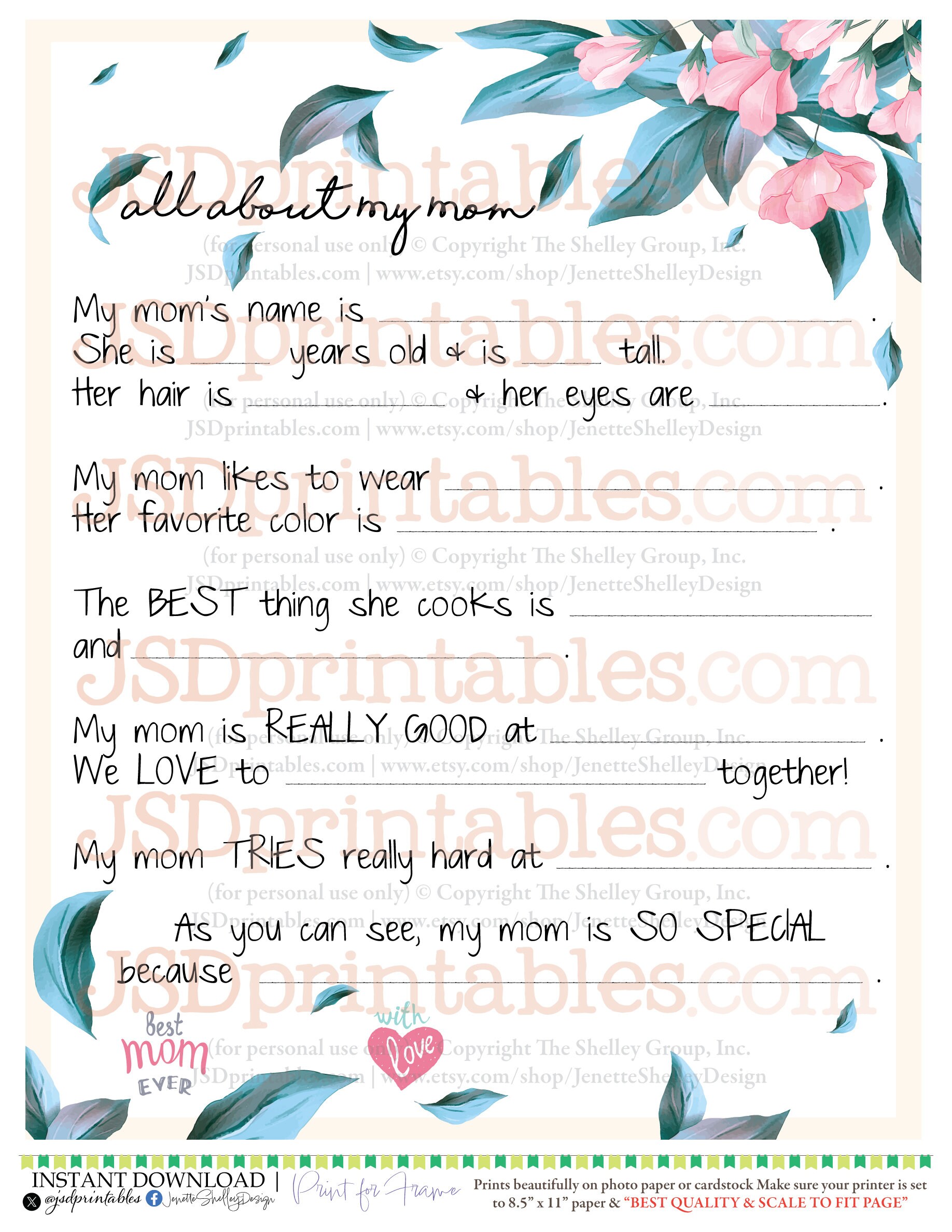 All About My Mom Printable Letter for Mom Print Gift for Mom - Etsy