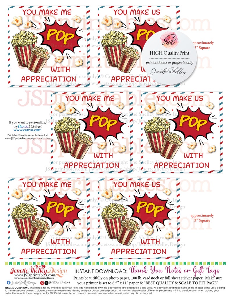 Pop With Appreciation Gift Tags for Popcorn Gift Tags for Teacher ...
