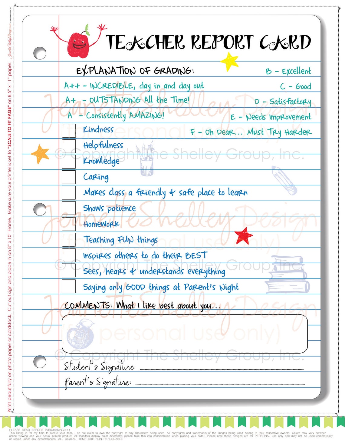 Teacher Report Card 8x10 Printable Instant | Etsy UK