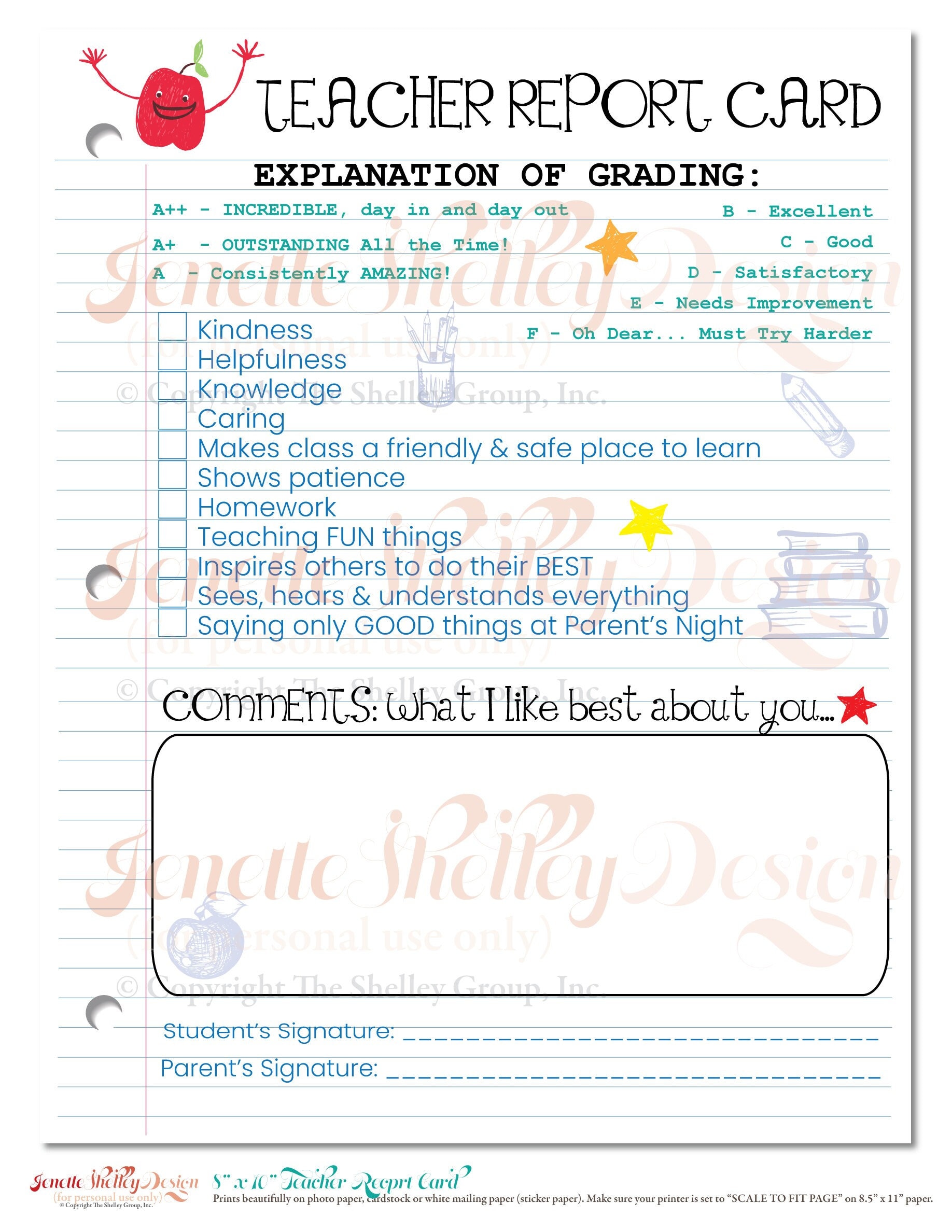 Teacher Report Card 8x10 Printable Instant - Etsy UK