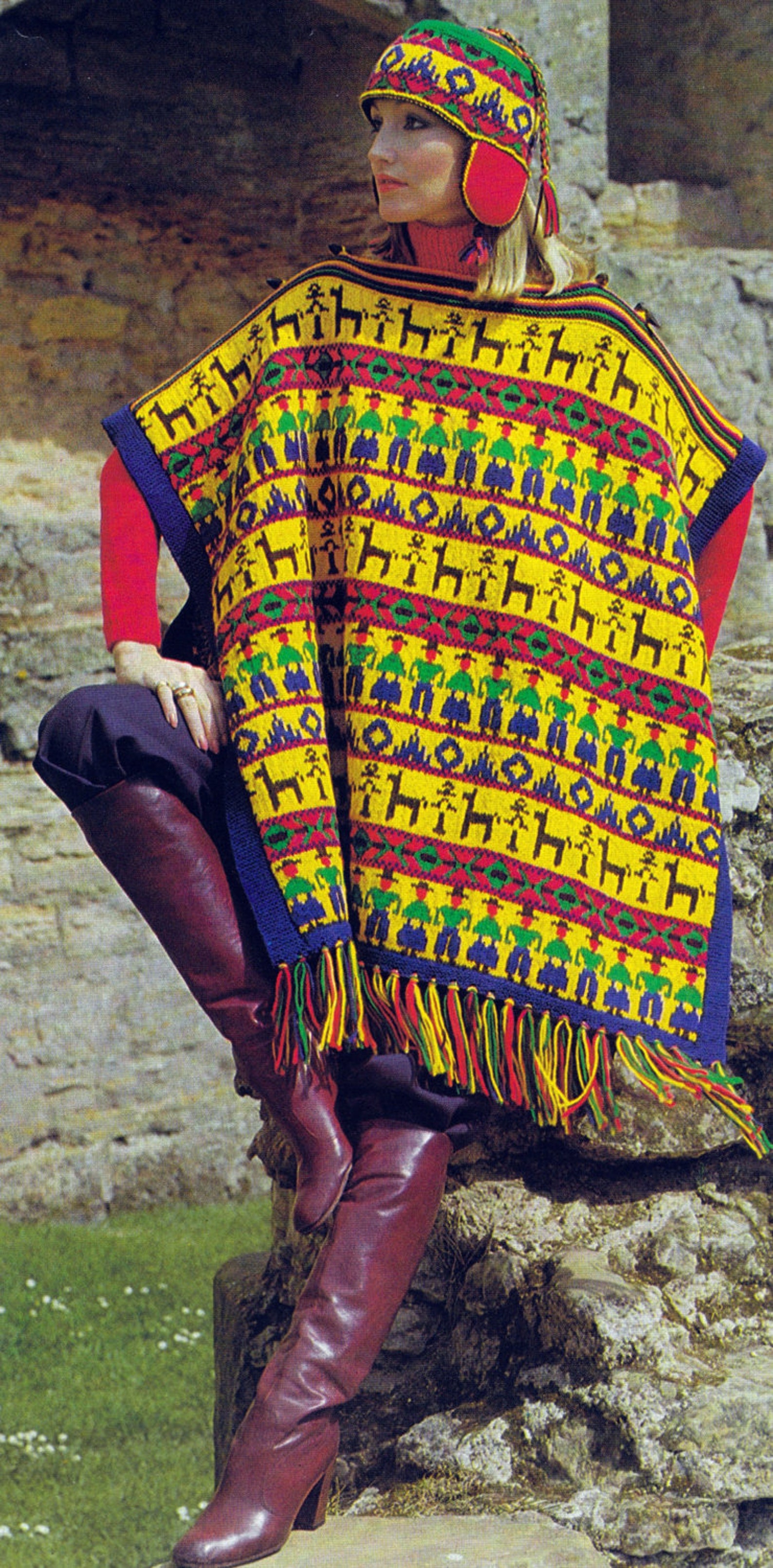 PATTERN Knit Peruvian Poncho and Helmet 1970's United Kingdom Vintage ...