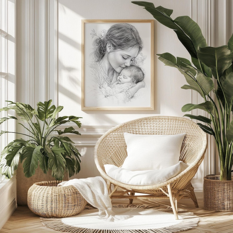 Floral Mother and Newborn Pencil Sketch: Motherhood Nursery Art ...