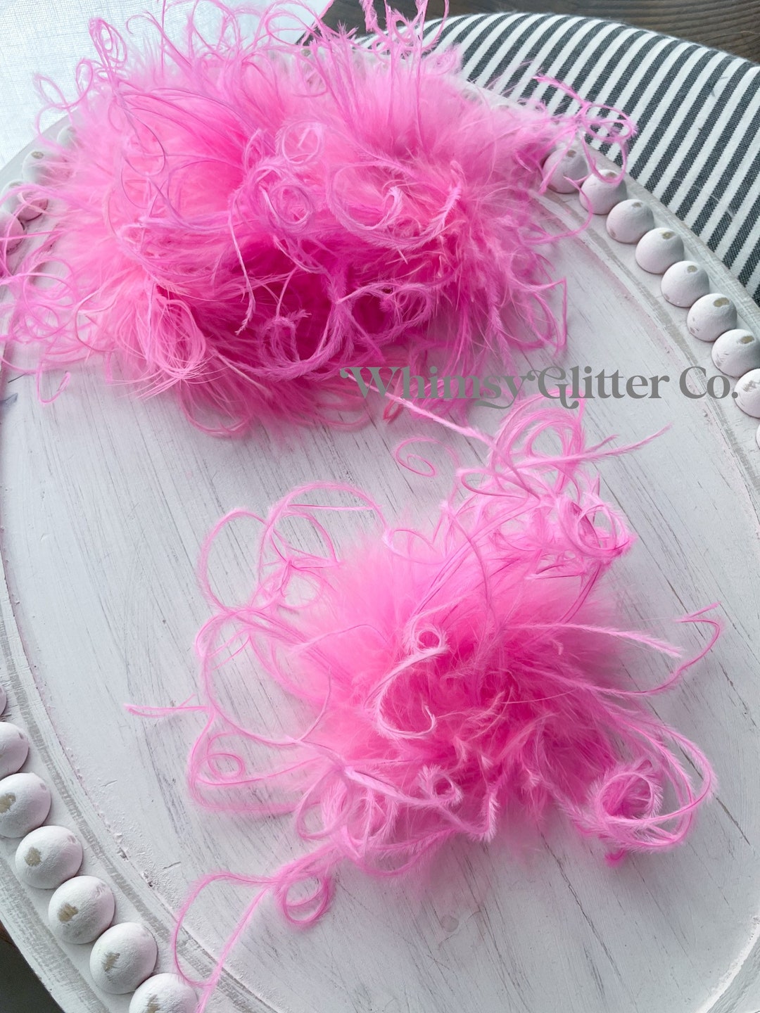 Medium Pink Curly Ostrich Feather Poof Maribou Satin Bloom Singed ...