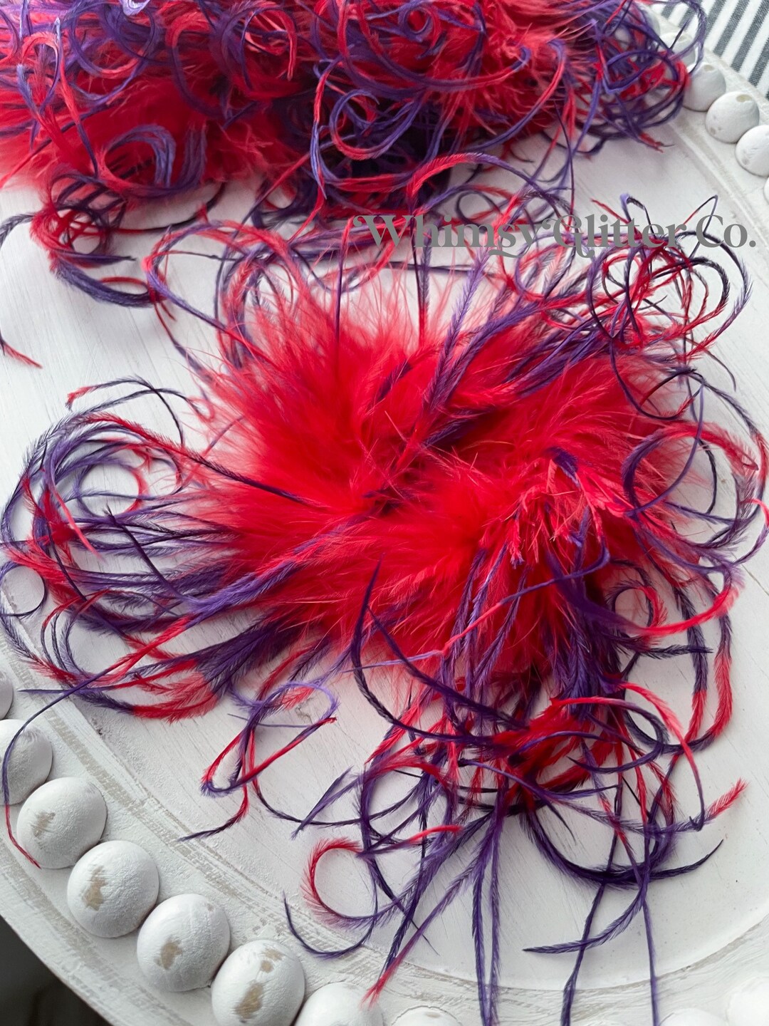 Red/purple Mix Curly Ostrich Feather Poof Maribou Satin Bloom Singed ...