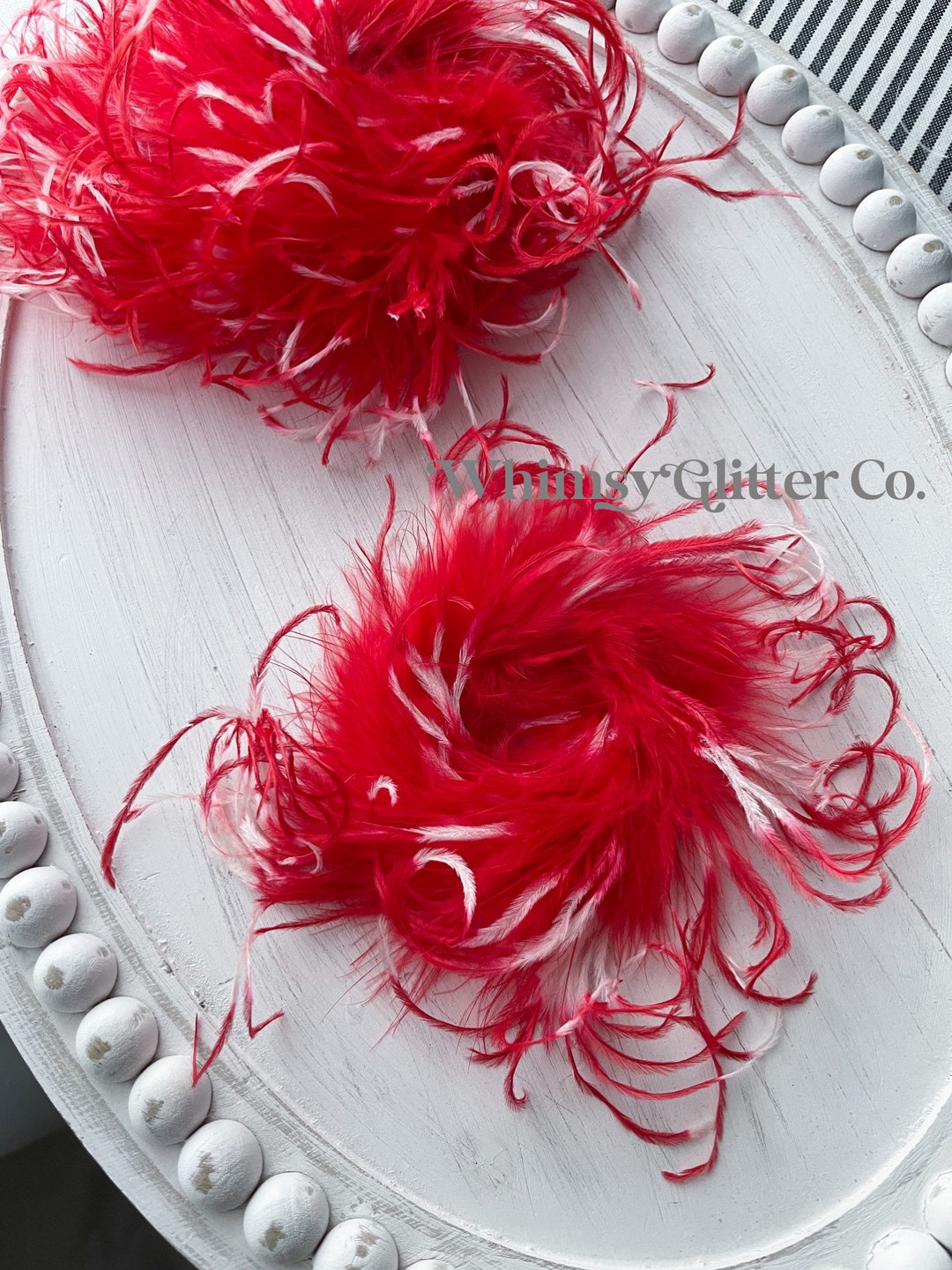 Red/white Mix Curly Ostrich Feather Poof Maribou Satin Bloom Singed ...