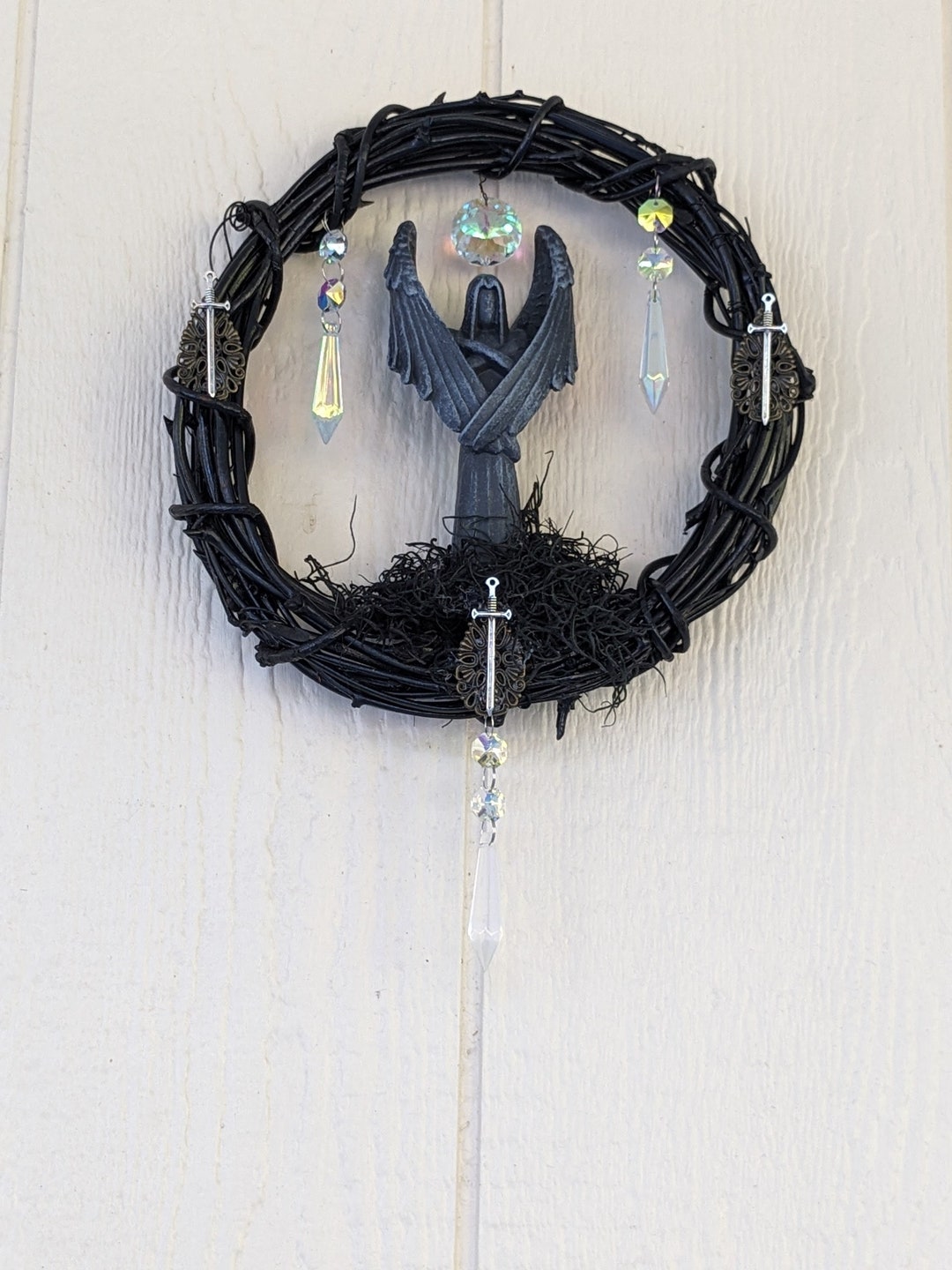 10 Black Wreath Featuring Templar Angel Surrounded by Crystals. Makes ...