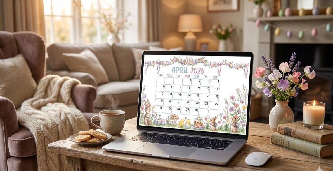 April 2026 Easter Calendar: Watercolor Bunnies, Floral Planner (digital ...