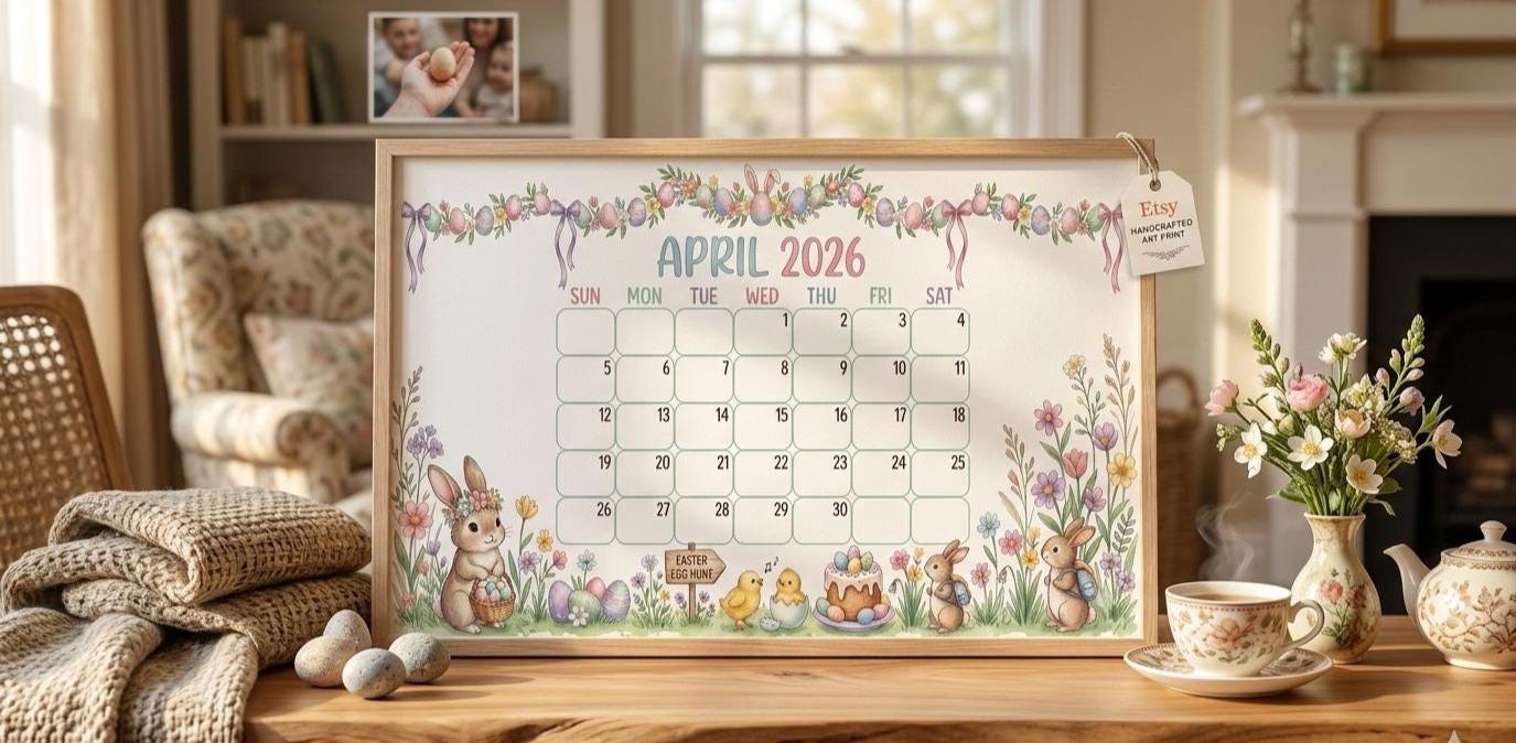 April 2026 Easter Calendar: Watercolor Bunnies, Floral Planner (digital ...