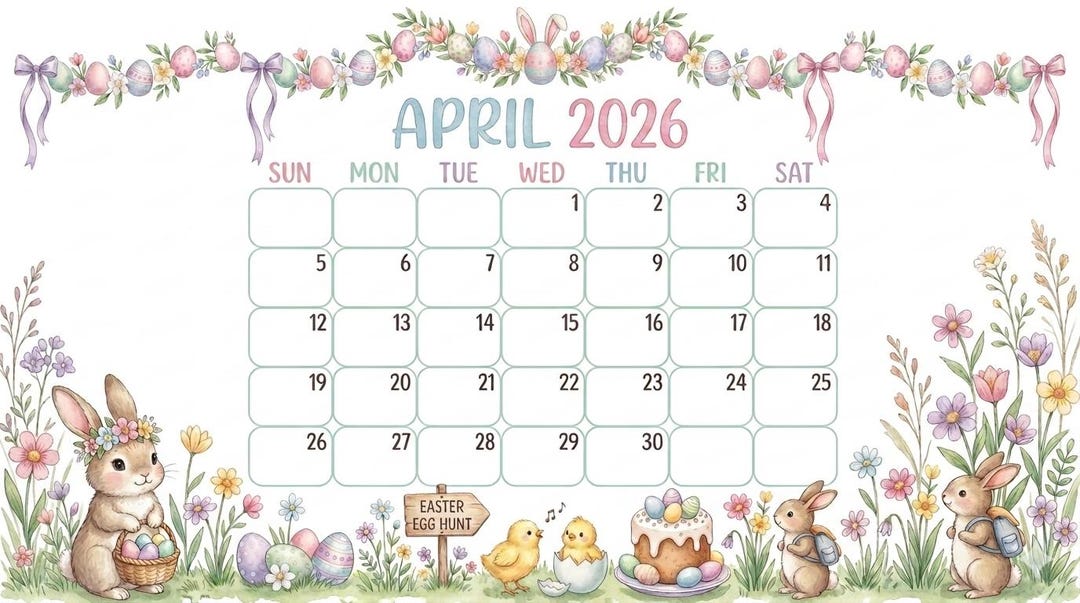 Calendrier de Pâques d'avril 2026 : lapins aquarelles, agenda floral ...