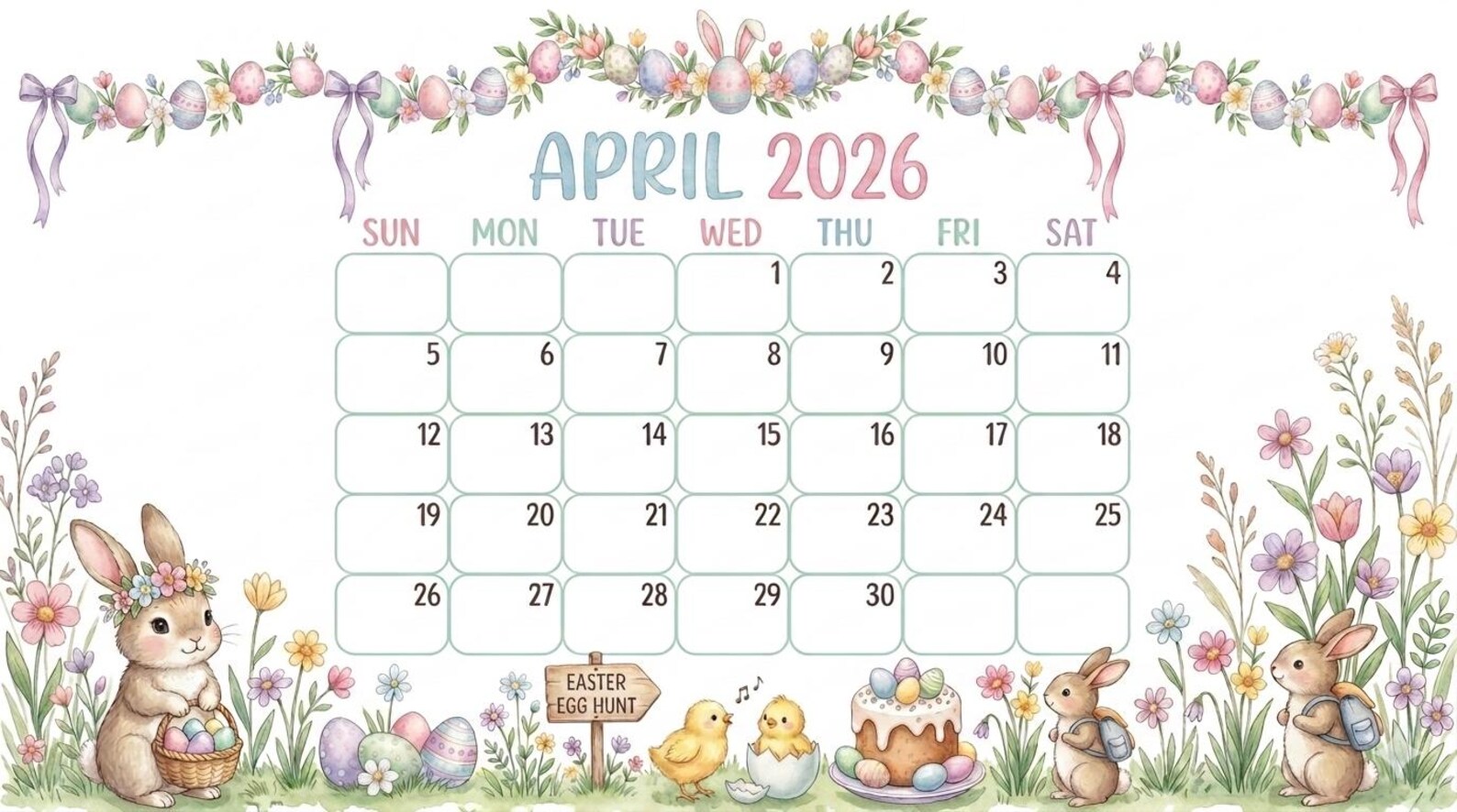 April 2026 Easter Calendar: Watercolor Bunnies, Floral Planner (digital ...