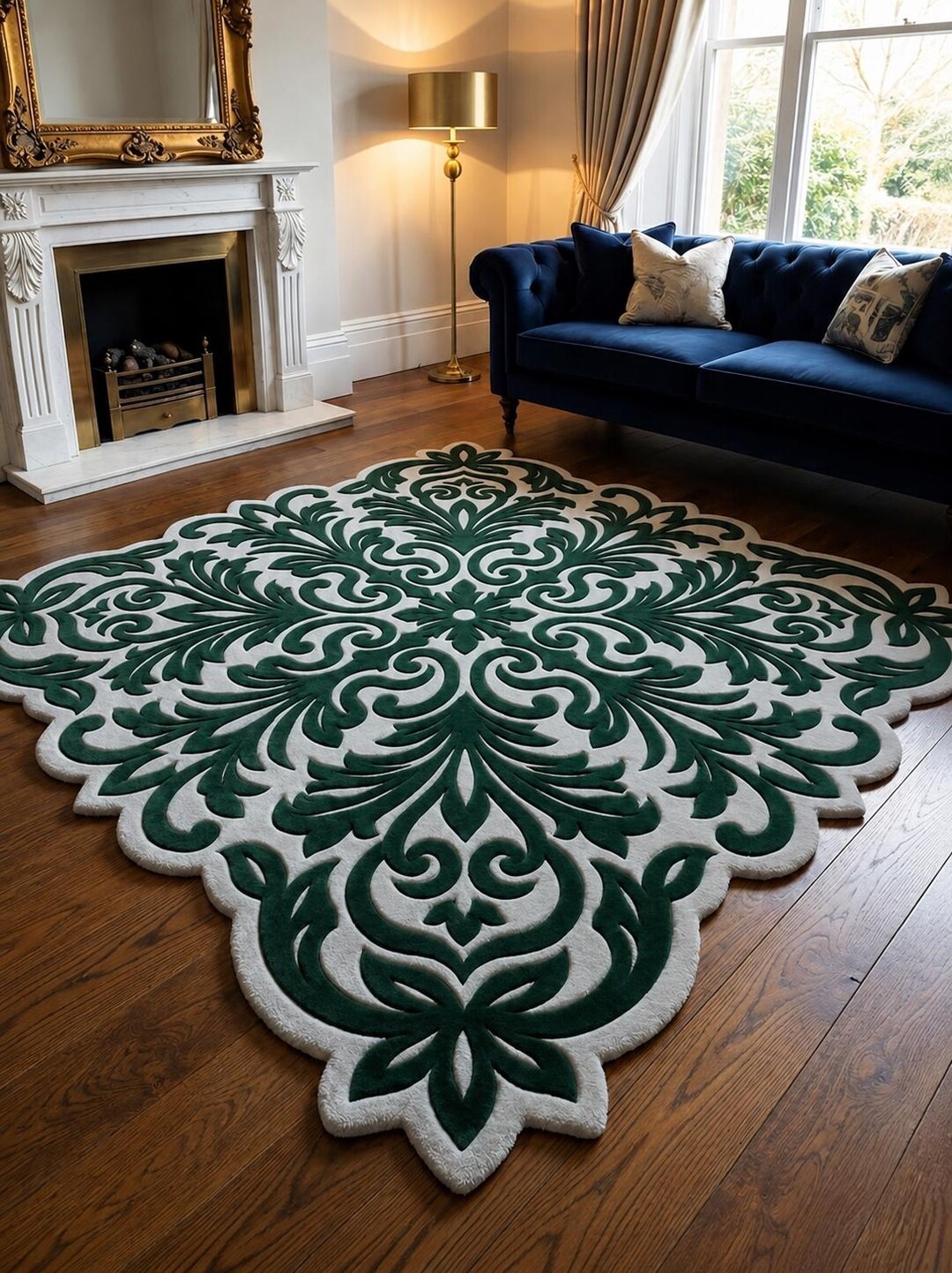 Handmade Tufted Floral Rug, Green White Botanical Irregular Shape ...