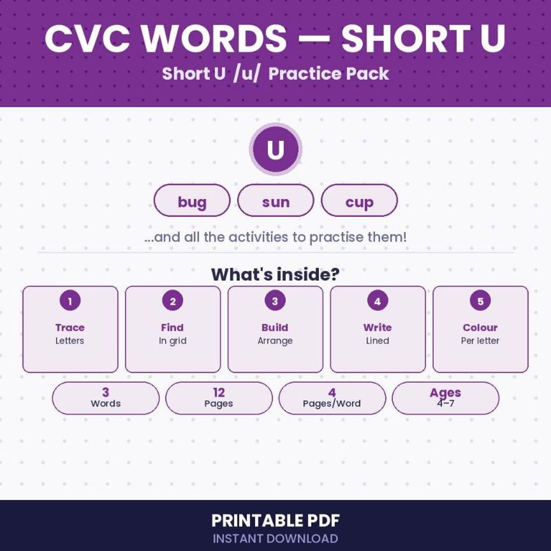 Short U CVC Words Worksheets | Phonics Reading Practice (PDF Download ...