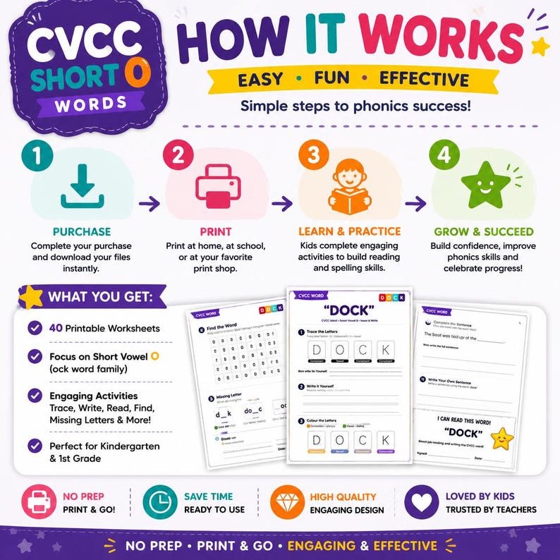 CVCC Short O Phonics Worksheets | Kindergarten Reading Practice (PDF ...