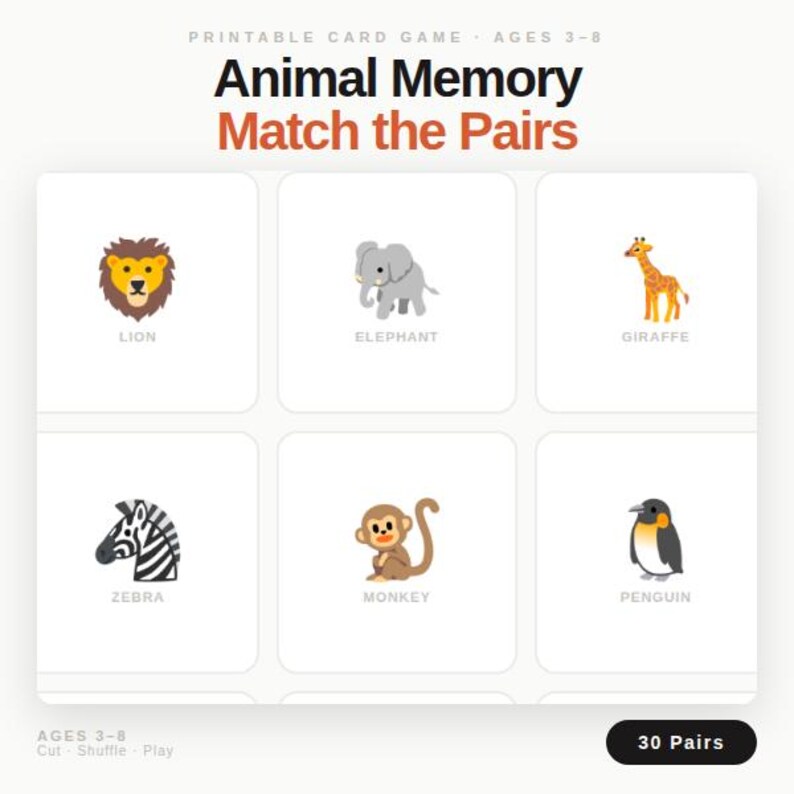 Animal Memory Game Printable for Kids | Matching Cards Game | Preschool ...