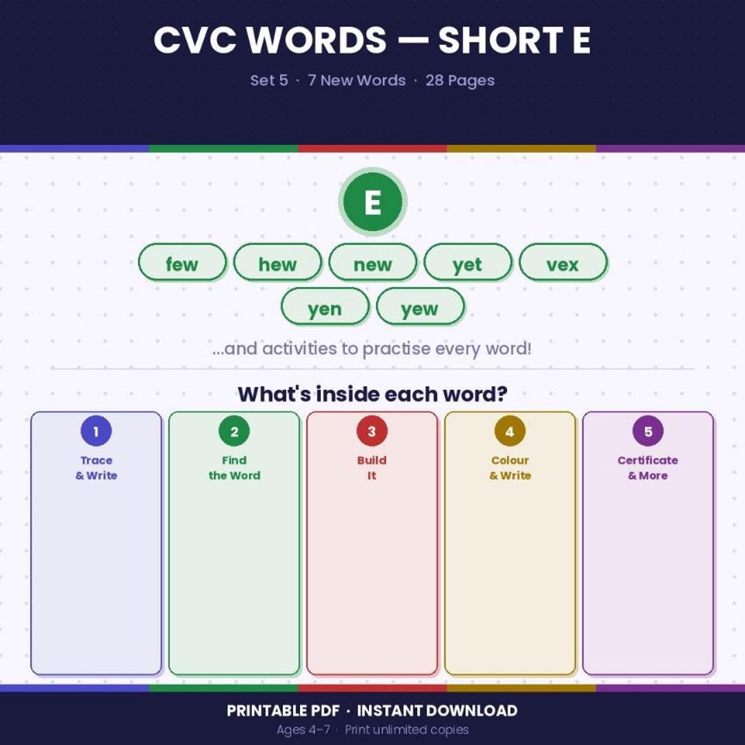 Short E CVC Words Worksheets Set 5 | Phonics Activities Kindergarten ...