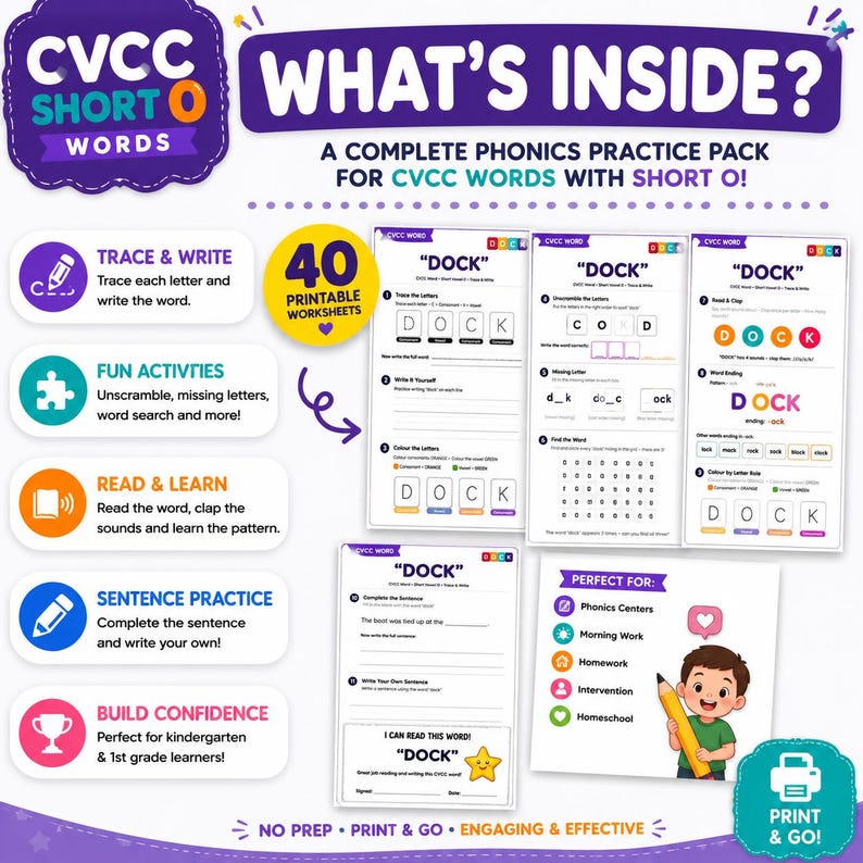 CVCC Short O Phonics Worksheets | Kindergarten Reading Practice (PDF ...