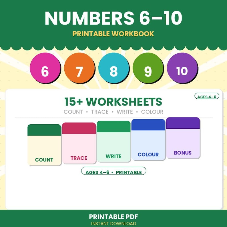Numbers 6-10 Worksheets – Preschool Kindergarten Counting Trace Write ...