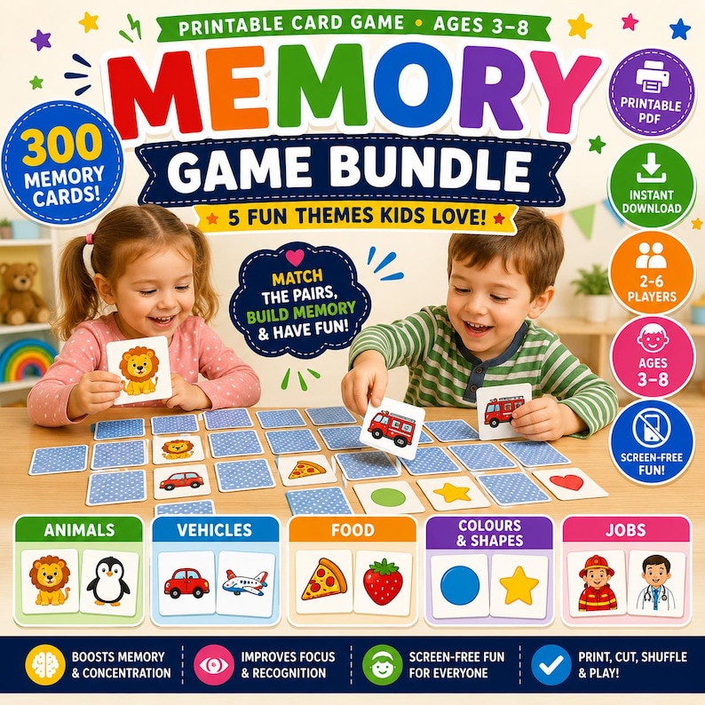 Printable Memory Game Bundle – 300 Cards, 5 Themes, Educational ...