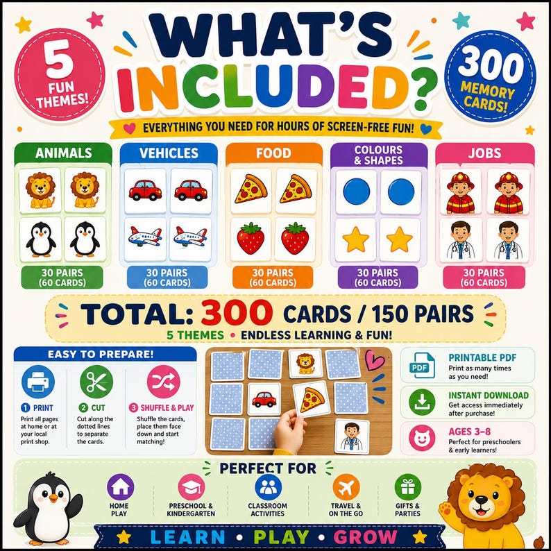 Printable Memory Game Bundle – 300 Cards, 5 Themes, Educational ...