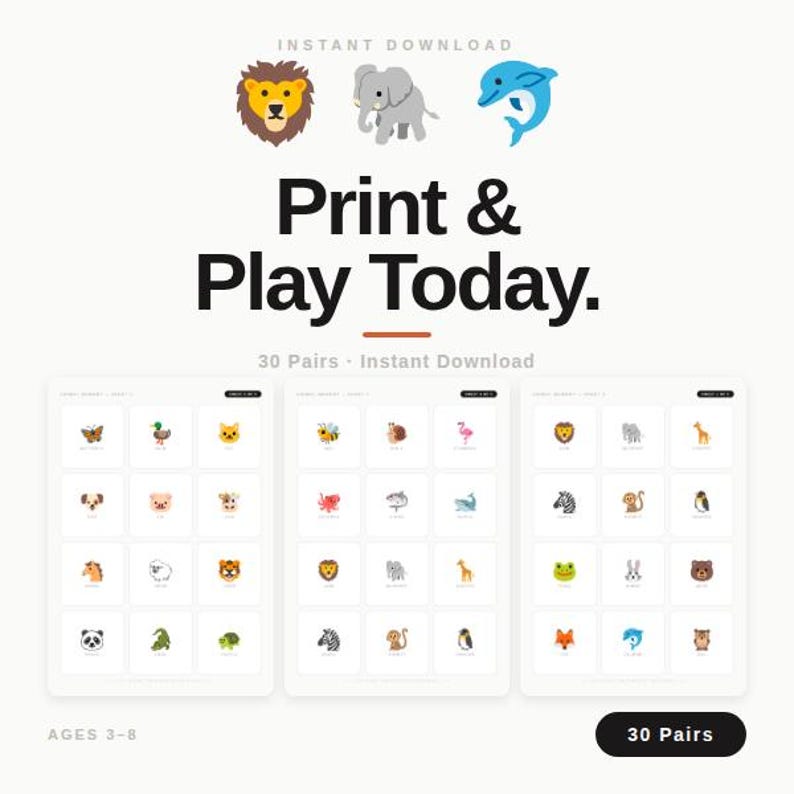 Animal Memory Game Printable for Kids | Matching Cards Game | Preschool ...