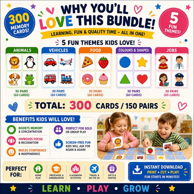 Printable Memory Game Bundle – 300 Cards, 5 Themes, Educational ...