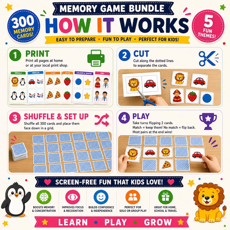 Printable Memory Game Bundle – 300 Cards, 5 Themes, Educational ...
